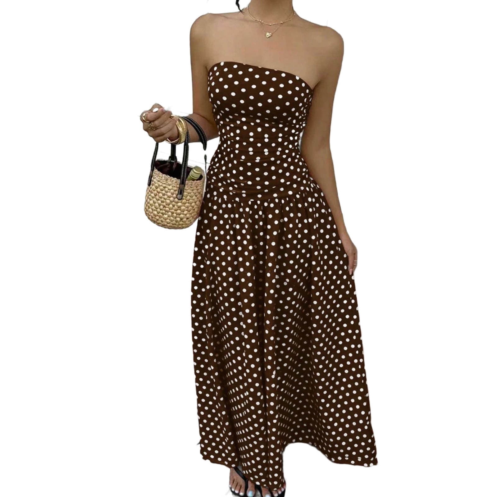 Ahabrexf Maxi Dresses for Women Strapless Polka Dot High Waist Slim A ...