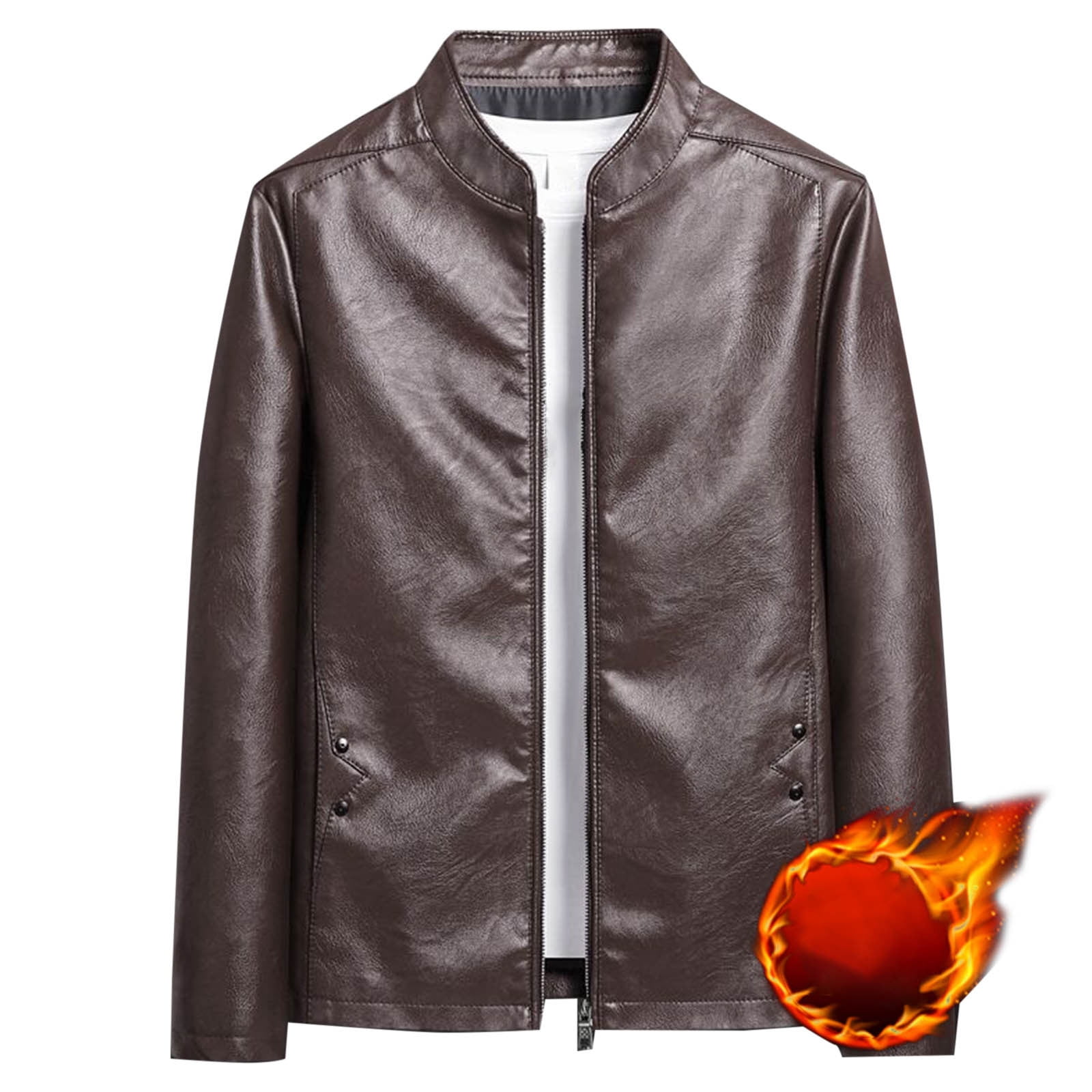 Ahabrexf Men's Business Casual Leather Coat, Solid Color Fleece Lined ...
