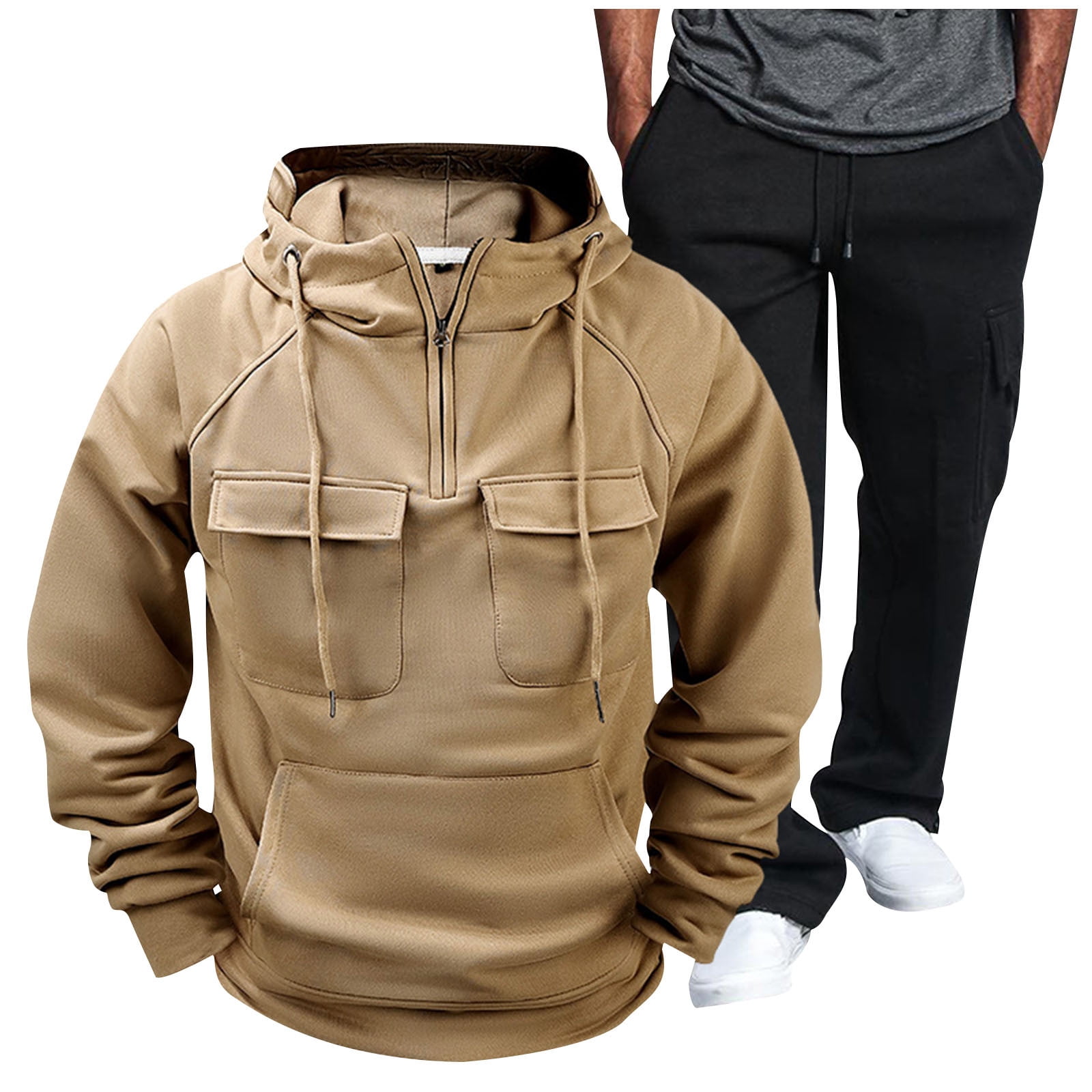 Ahabrexf Men Solid Long Sleeve Hoodie Sport Multi Pocket Zipper Hoodie ...