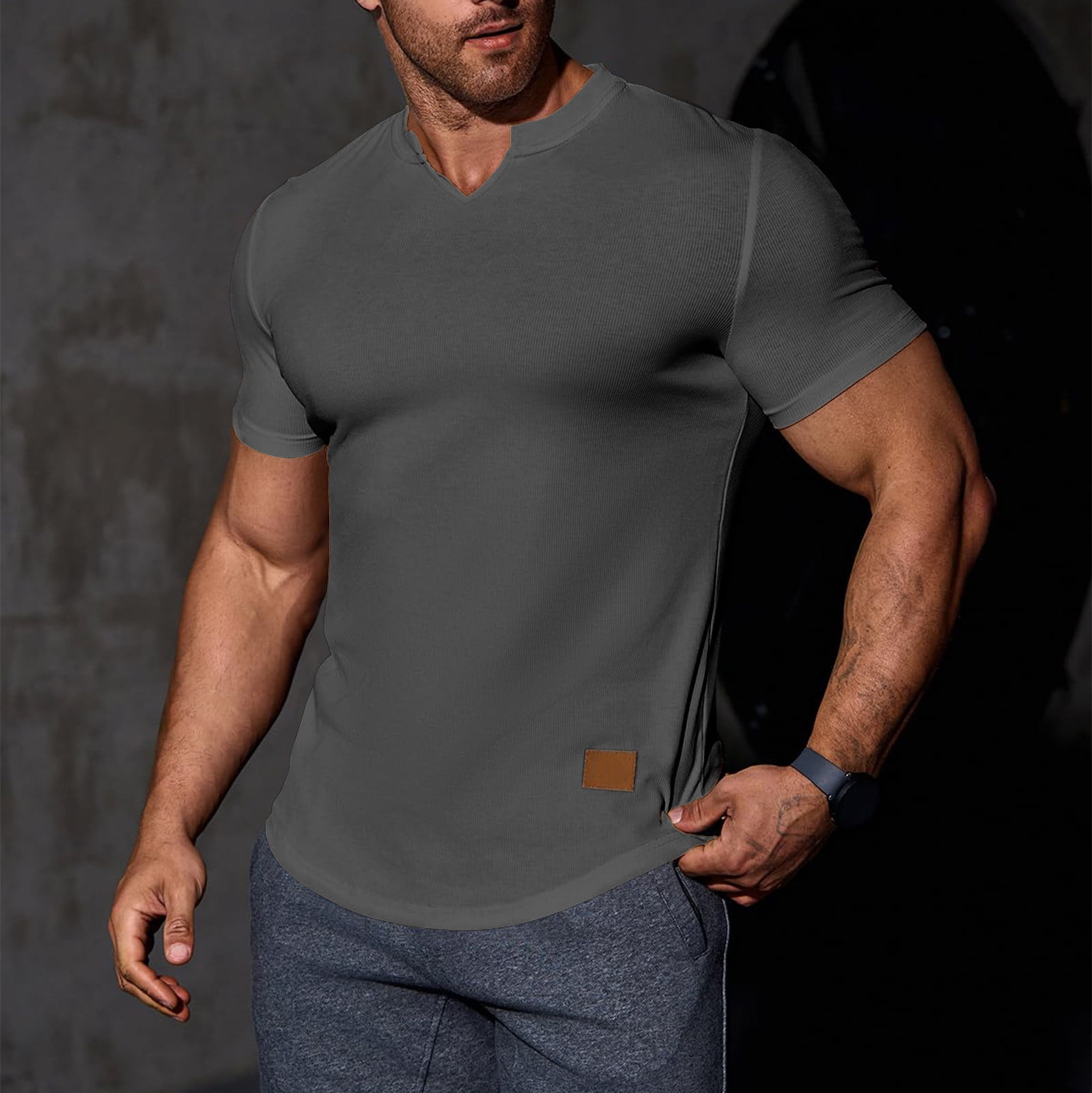 Ahabrexf Men's Casual Solid Color Vertical Texture Short Sleeved V-neck ...