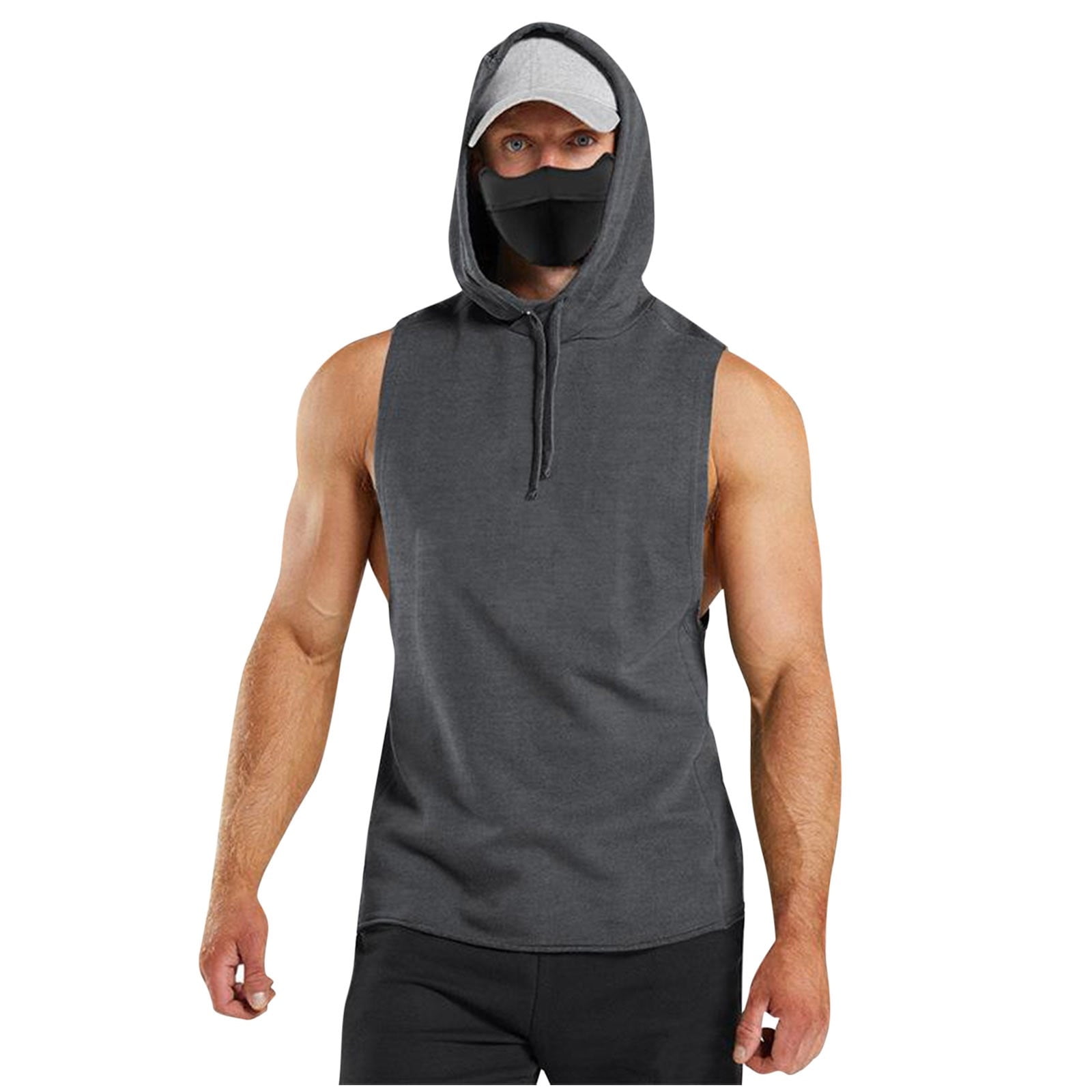 Ahabrexf Men's Imitation Hooded Sleeveless Drawstring Sports Pullover ...