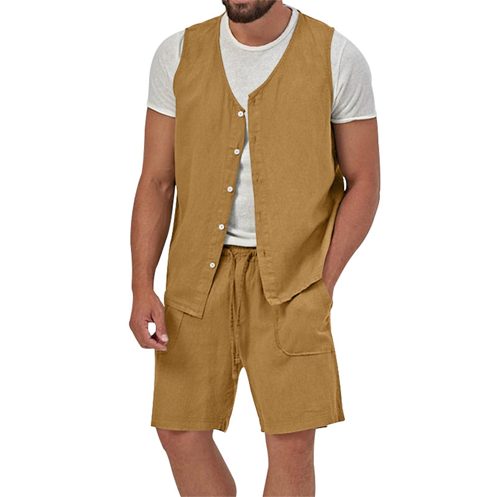 Ahabrexf Men's Solid Color Button-Up Waistband Tank Shorts Two-Piece ...