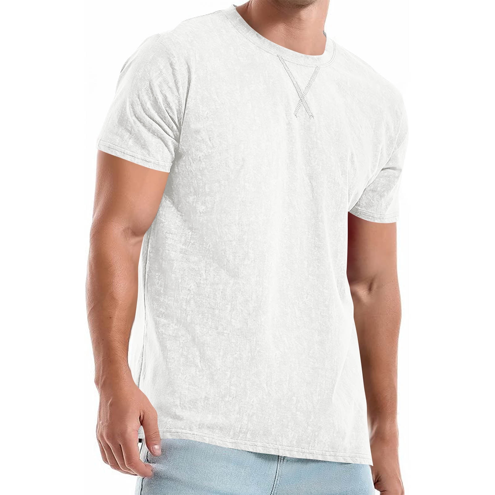 Ahabrexf Men's Solid Color Summer Casual Front Cross Stitch Round Neck ...