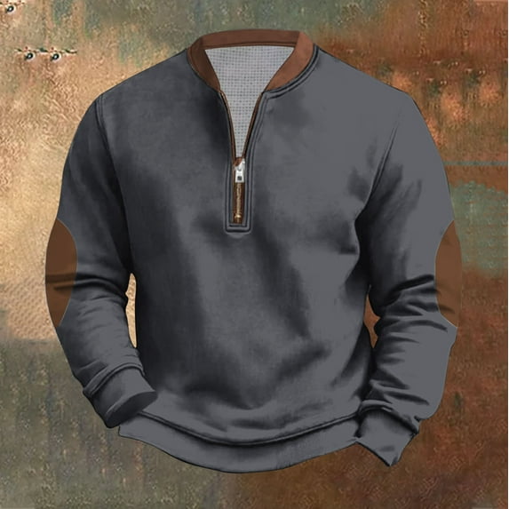 Ahabrexf Men's Solid Color Top Half Zipper Long Sleeved Top Long ...