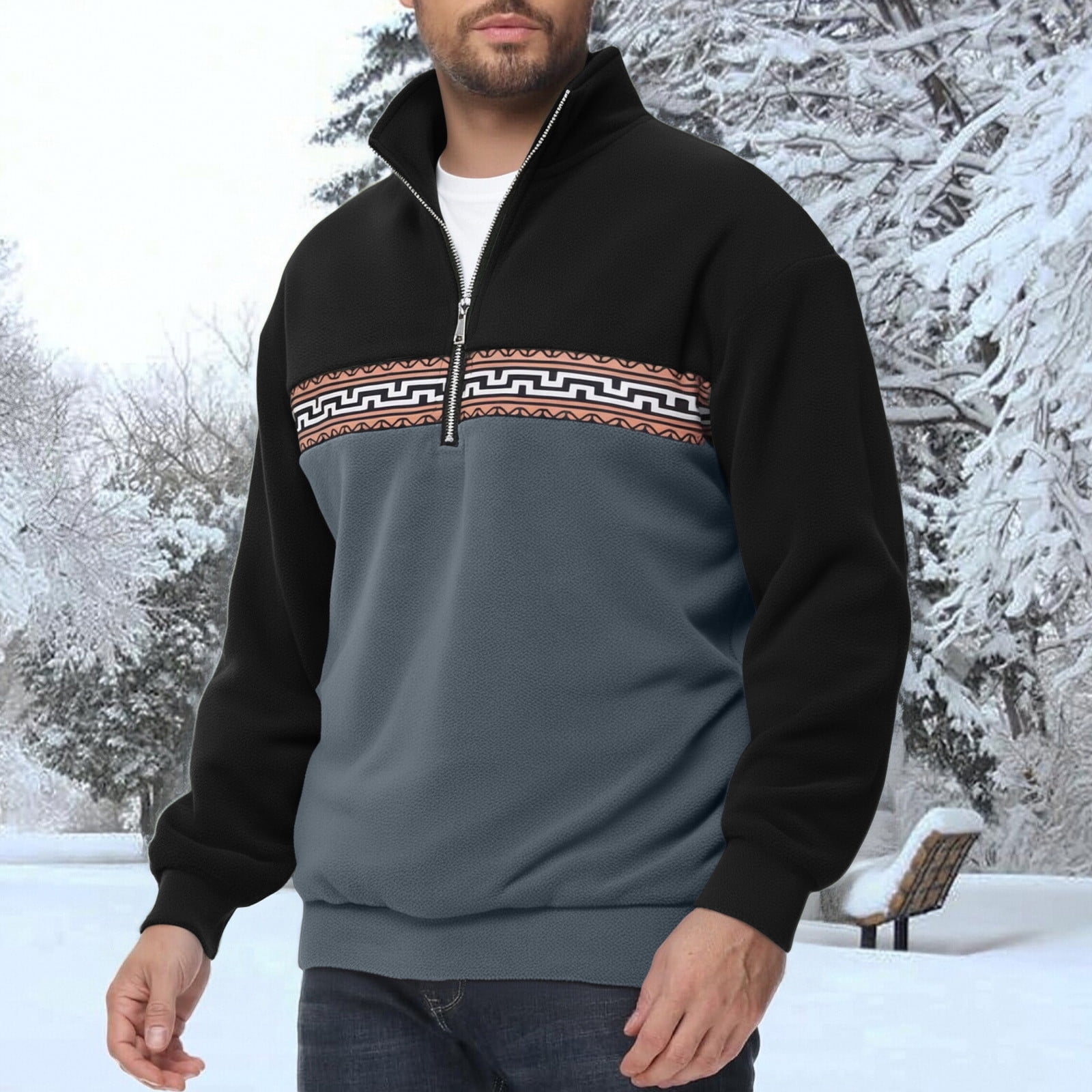 Ahabrexf Mens Fleece Pullover Men's Long Sleeved Stand Up Collar Zipper ...