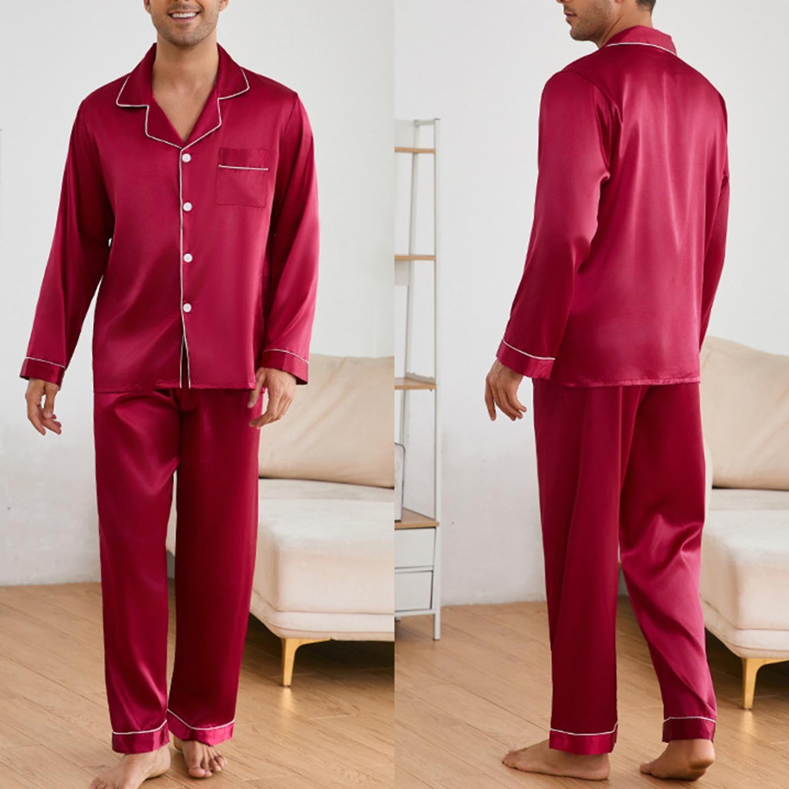 Ahabrexf Mens Pajamas Set,Solid Color Casual Home Sleepwear Ice Silk ...