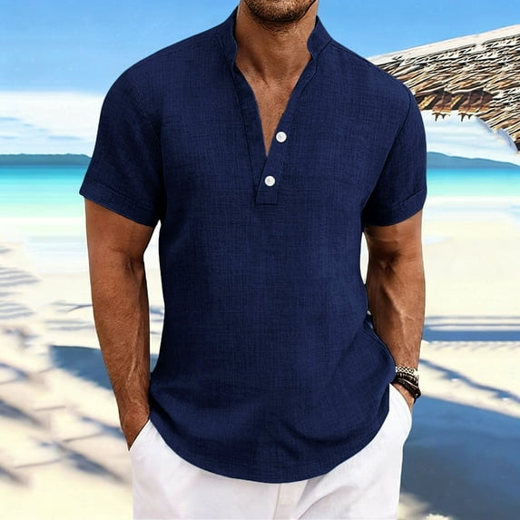 Ahabrexf Mens Short Sleeve Button Down Shirts, Classic Stand Collar ...