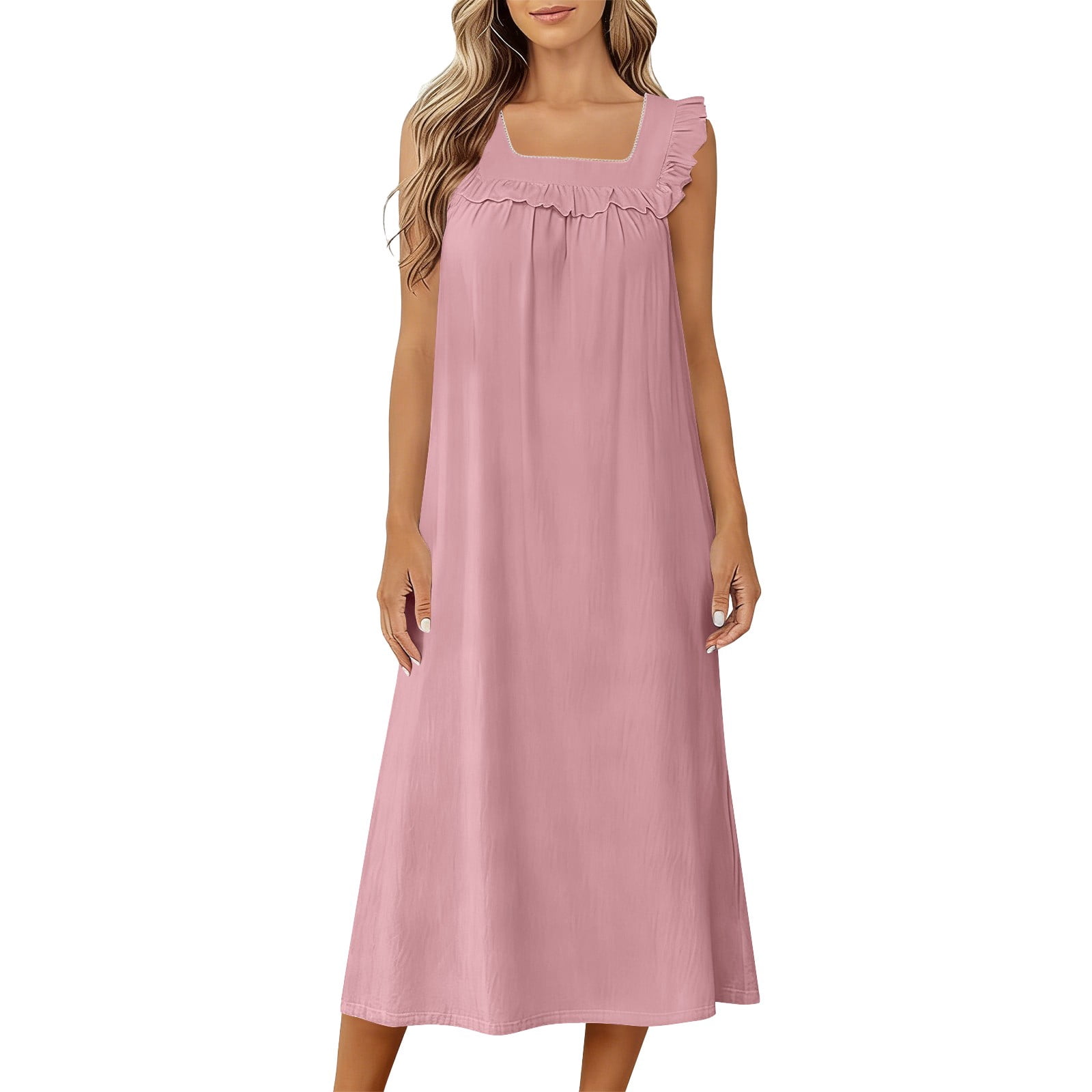 Ahabrexf Nightgown for Women Lace Trim Square Neck Solid Color ...