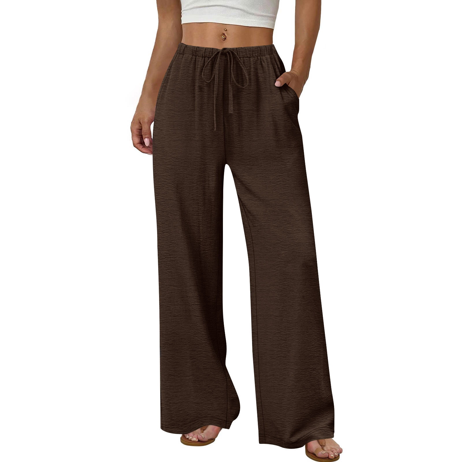 Ahabrexf Pants Women Solid Color Elastic Waist Straight Leg Casual ...