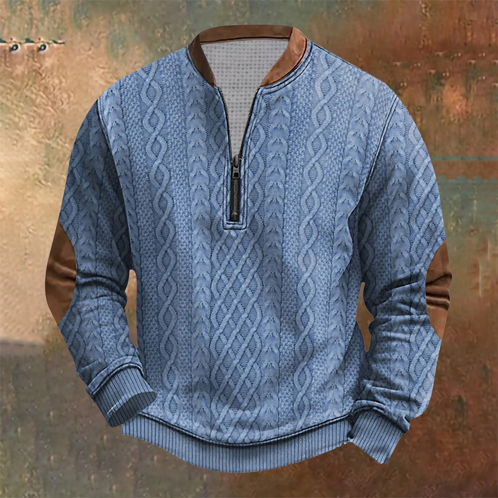 Ahabrexf Quarter Zip Sweater for Men Light Blue Cable Knit Print Long ...