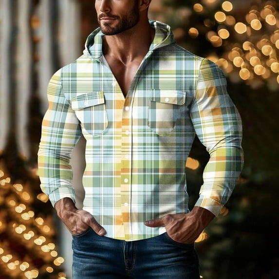 Ahabrexf Shirts for Men,Men's Check Hoodie Long Sleeve Button Pocket ...