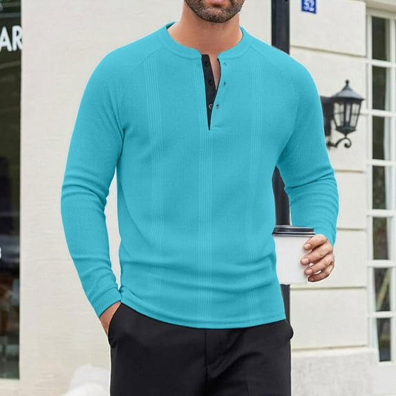 Ahabrexf Shirts for Men,Men's Color Block Button Shirt Round Neck Solid ...