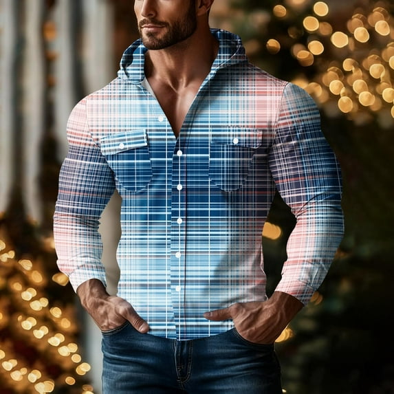 Ahabrexf Shirts for Men,Men's Grid Hoodie Long Sleeve Button Pocket ...