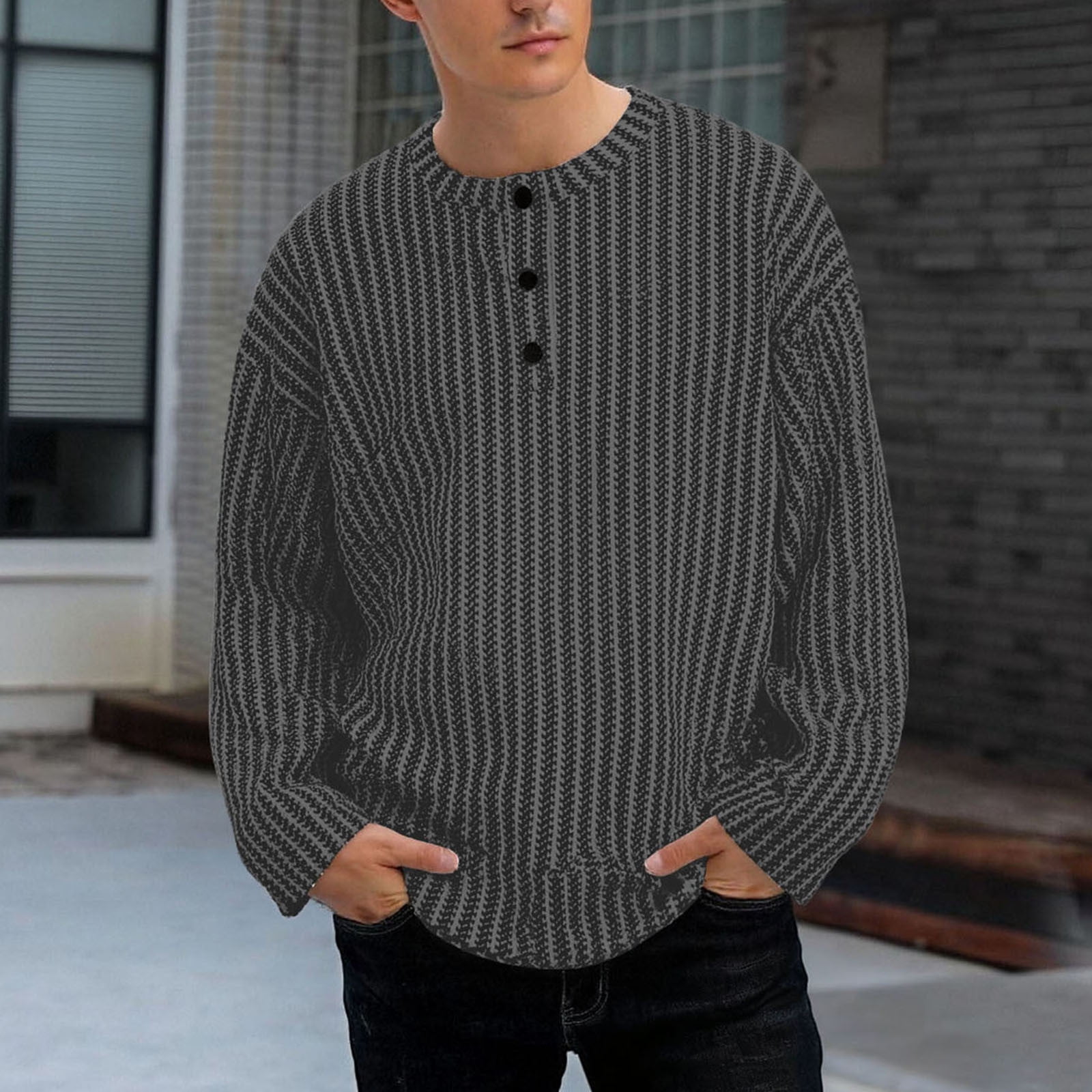 Ahabrexf Shirts for Men,Men's Round Neck Button Hoodie Solid Long ...