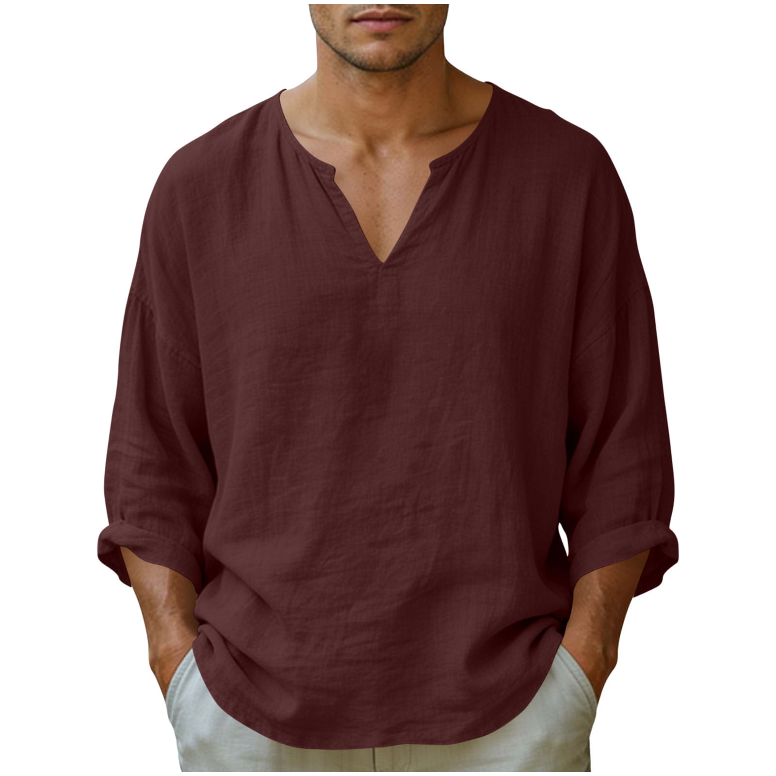 Ahabrexf Shirts for Men Solid Color Casual Long Sleeve V-Neck Lazy ...
