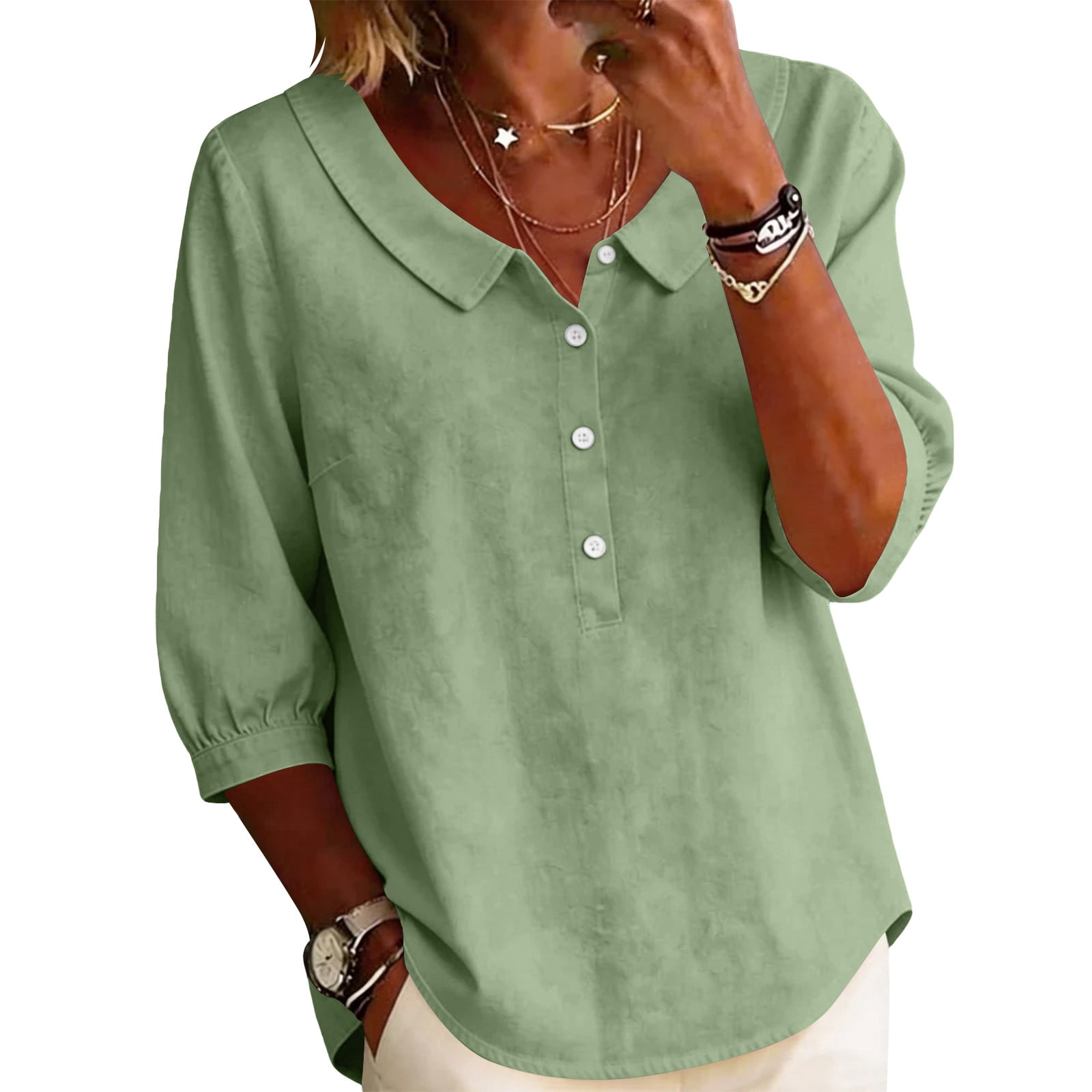 Ahabrexf Shirts for Women 3/4 Sleeve Casual Collar Half Button Placket ...