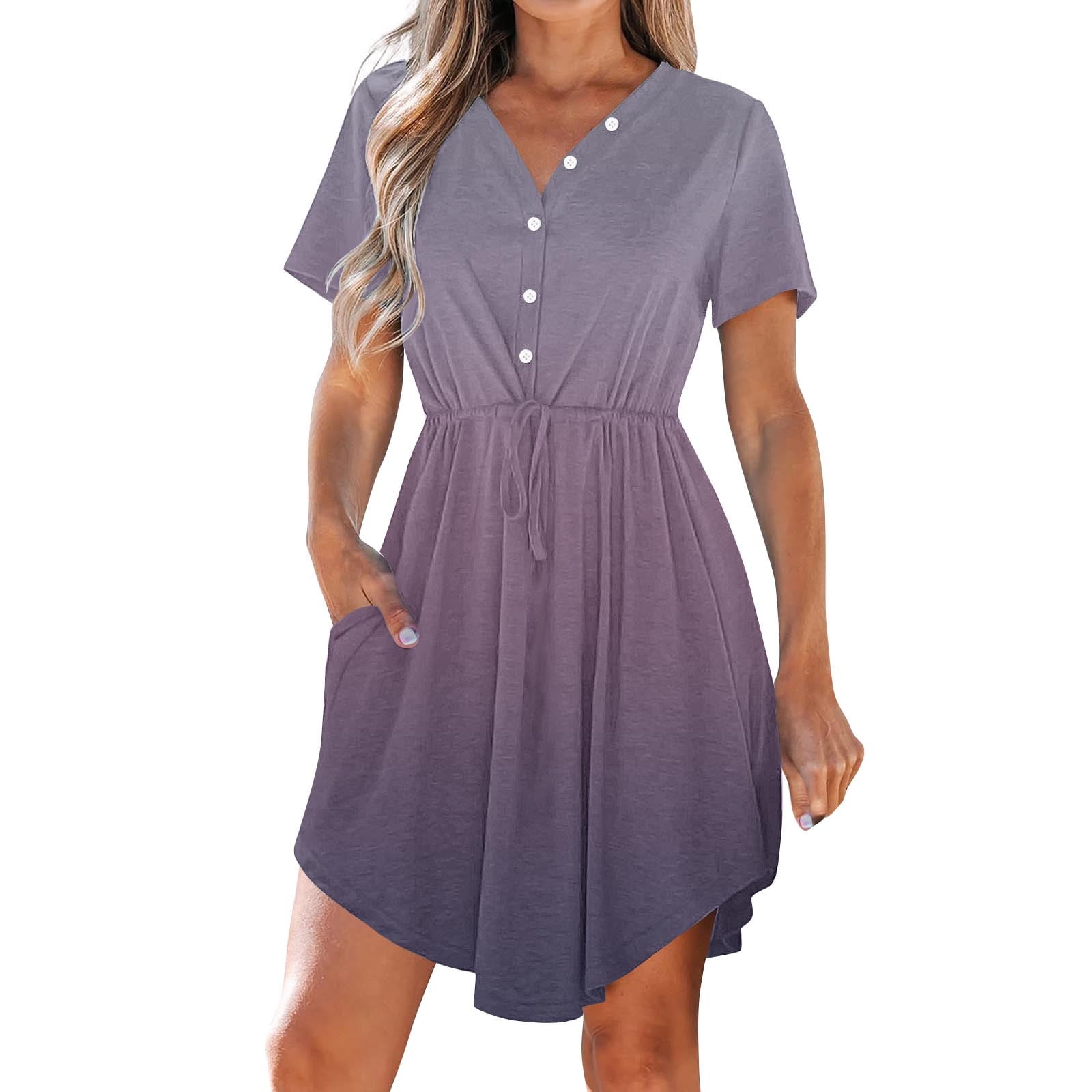 Ahabrexf Short Sleeve Dress for Women Printed V Neck Casual ...