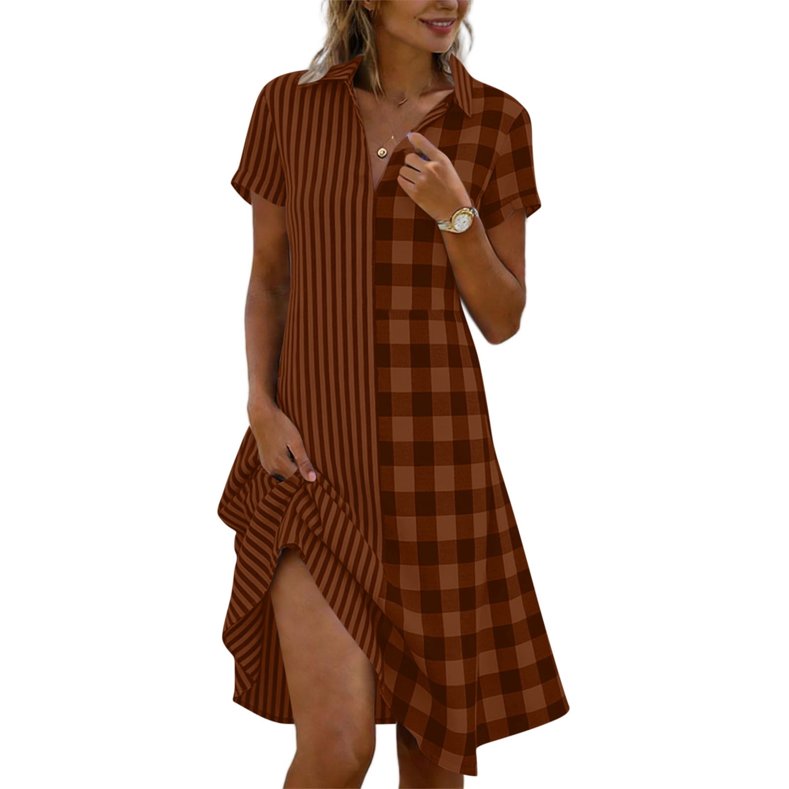 Ahabrexf Short Sleeve Dress for Women Spliced Lapel V-Neck Waist ...