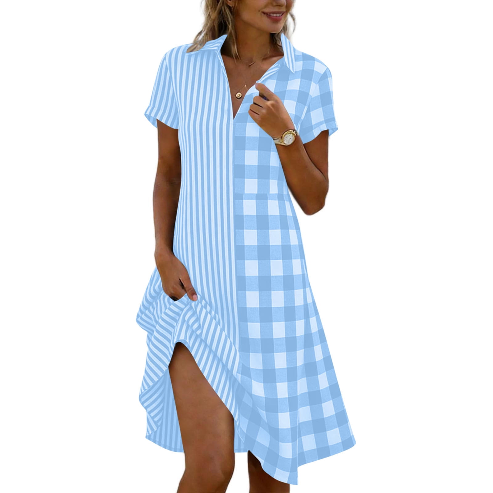 Ahabrexf Short Sleeve Dress for Women Spliced Lapel V-Neck Waist ...