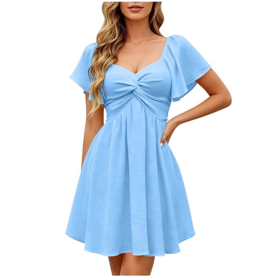 Ahabrexf Short Sleeve Dress for Women Square Neck High Waist Ruffle ...