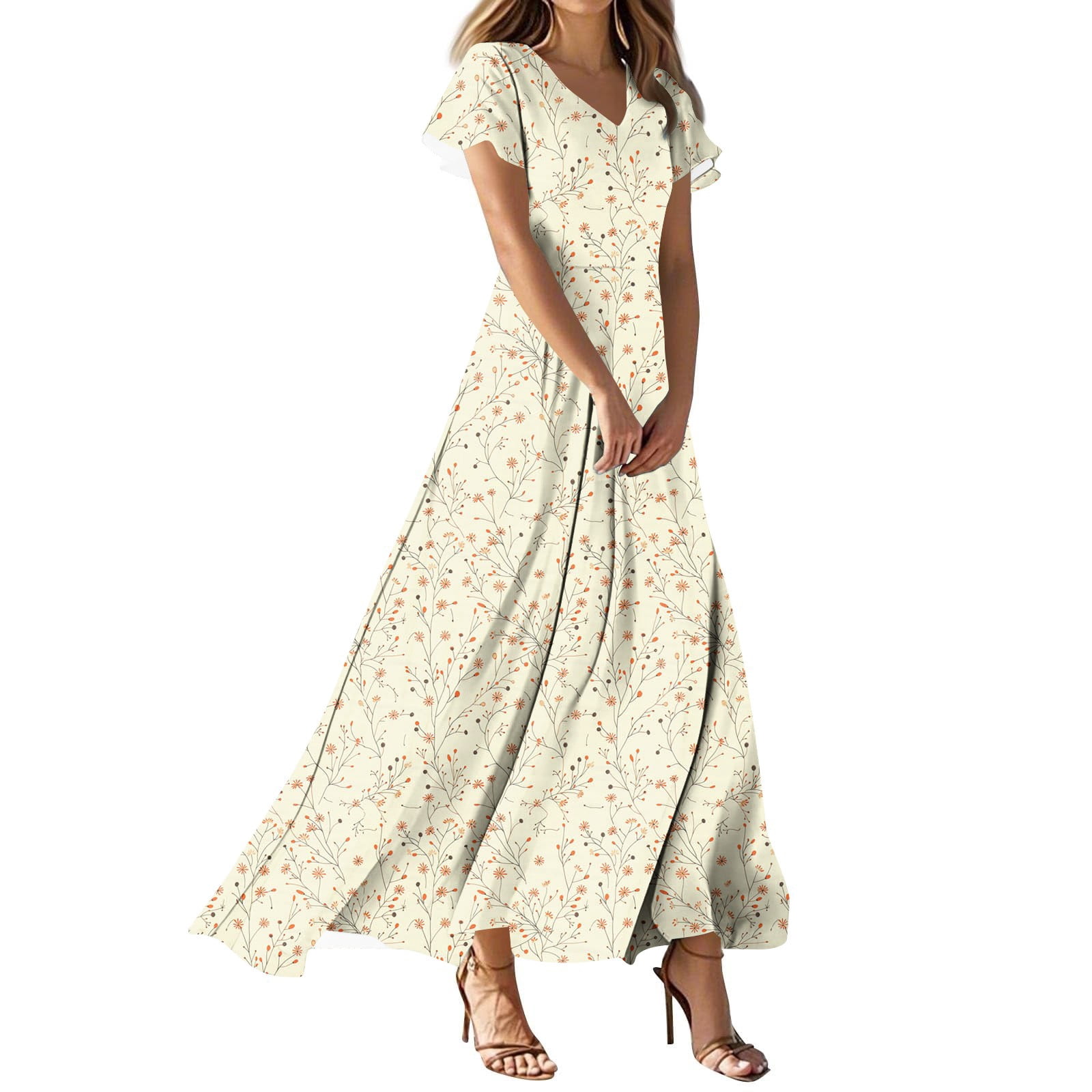 Ahabrexf Short Sleeve Floral Dress for Women with Ruffle V-Neck Slim ...