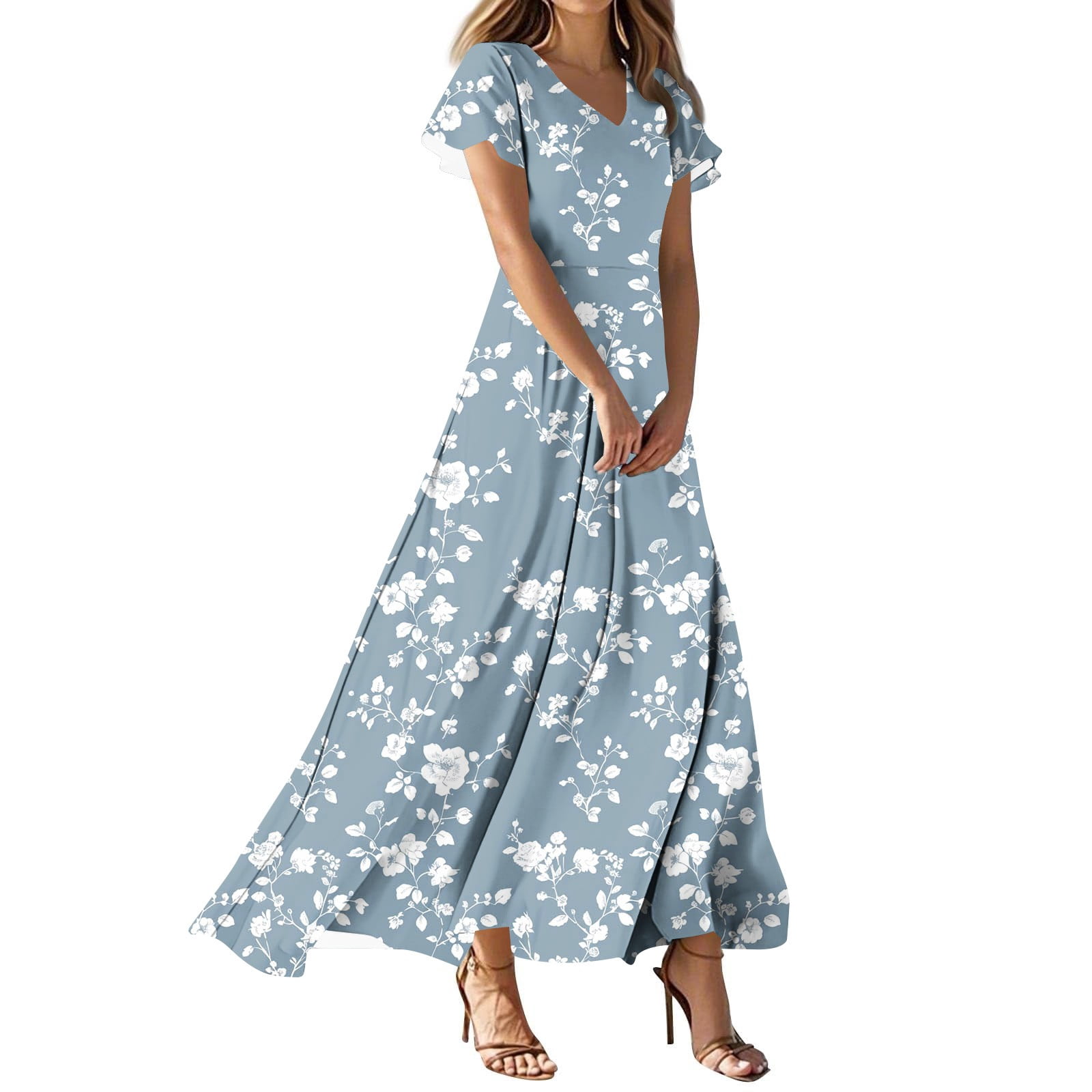 Ahabrexf Short Sleeve Knee Length Dress for Women Floral Print V-Neck ...