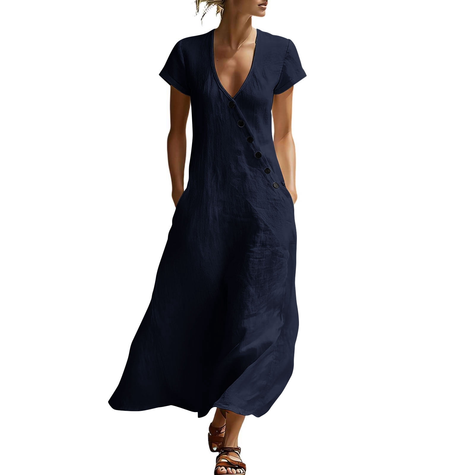 Ahabrexf Short Sleeve Maxi Dress for Women V-Neck Asymmetrical Button ...