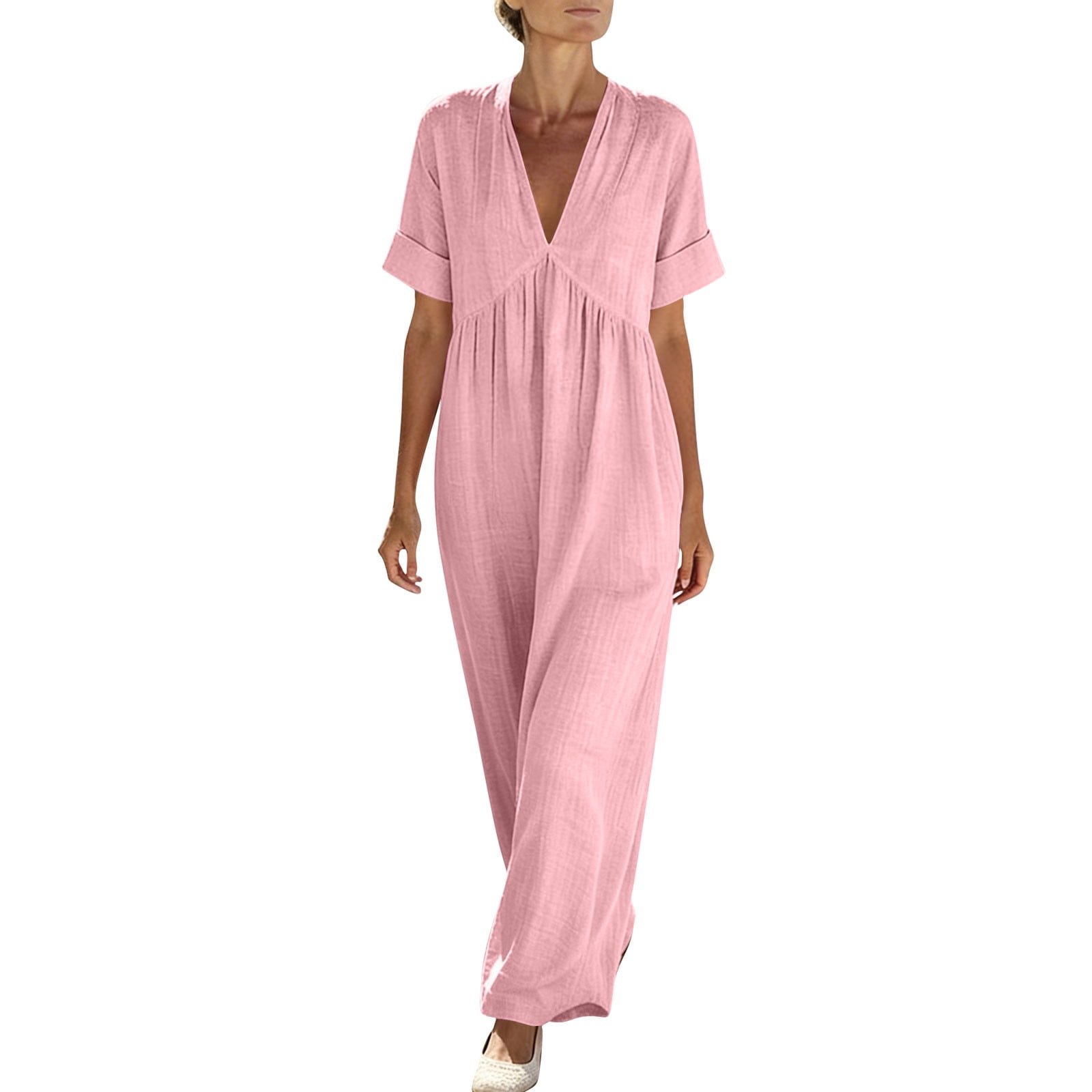 Ahabrexf Short Sleeve Maxi Dress for Women V-Neck Solid Color Casual ...