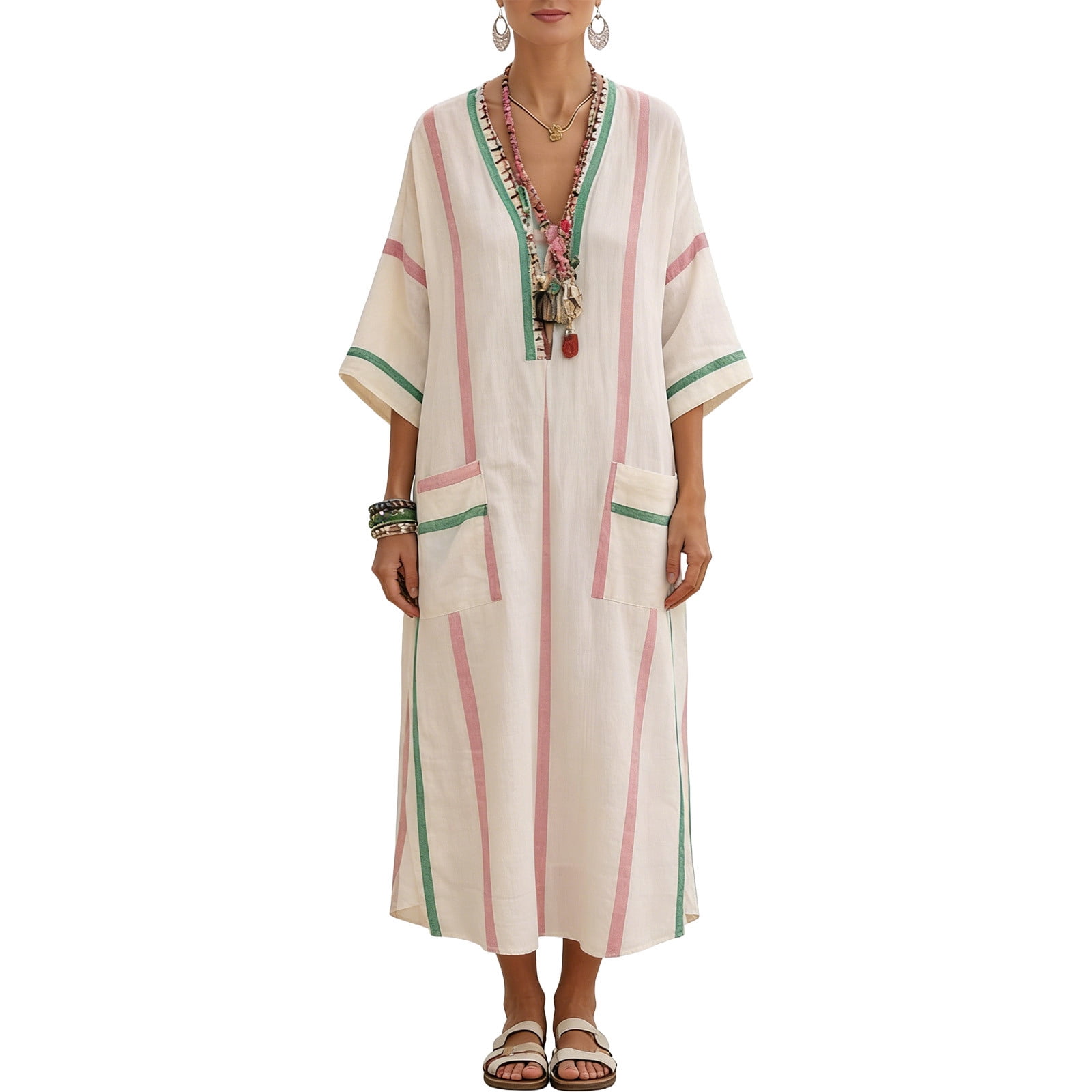 Ahabrexf Short Sleeve Maxi Dress for Women V-Neck Striped Patch Pocket ...