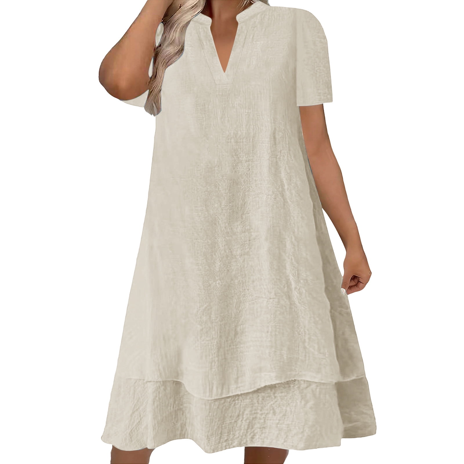 Ahabrexf Short Sleeve Midi Dress for Women V-Neck A-Line Mid-Waist ...