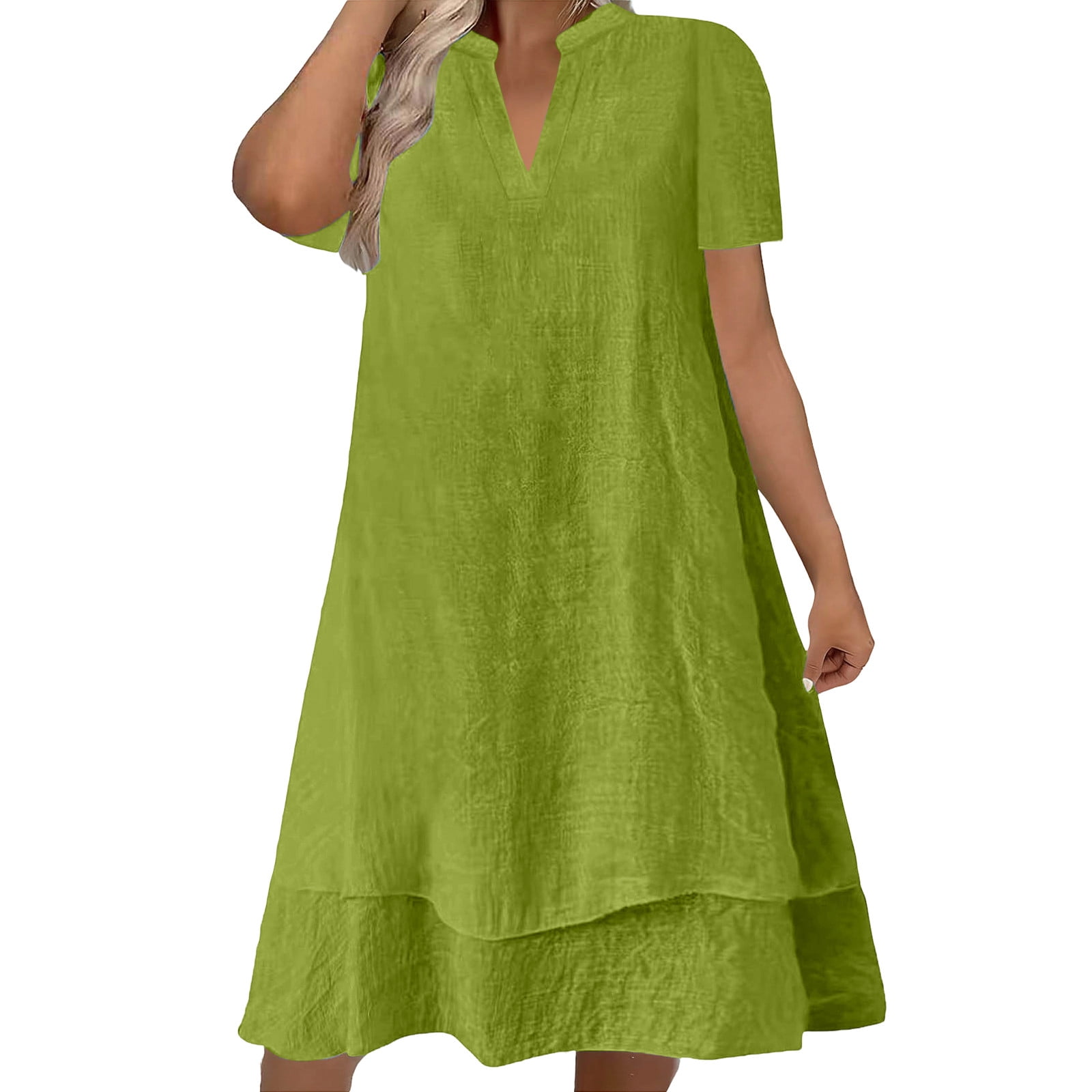 Ahabrexf Short Sleeve Midi Dress for Women V-Neck A-Line Mid-Waist ...