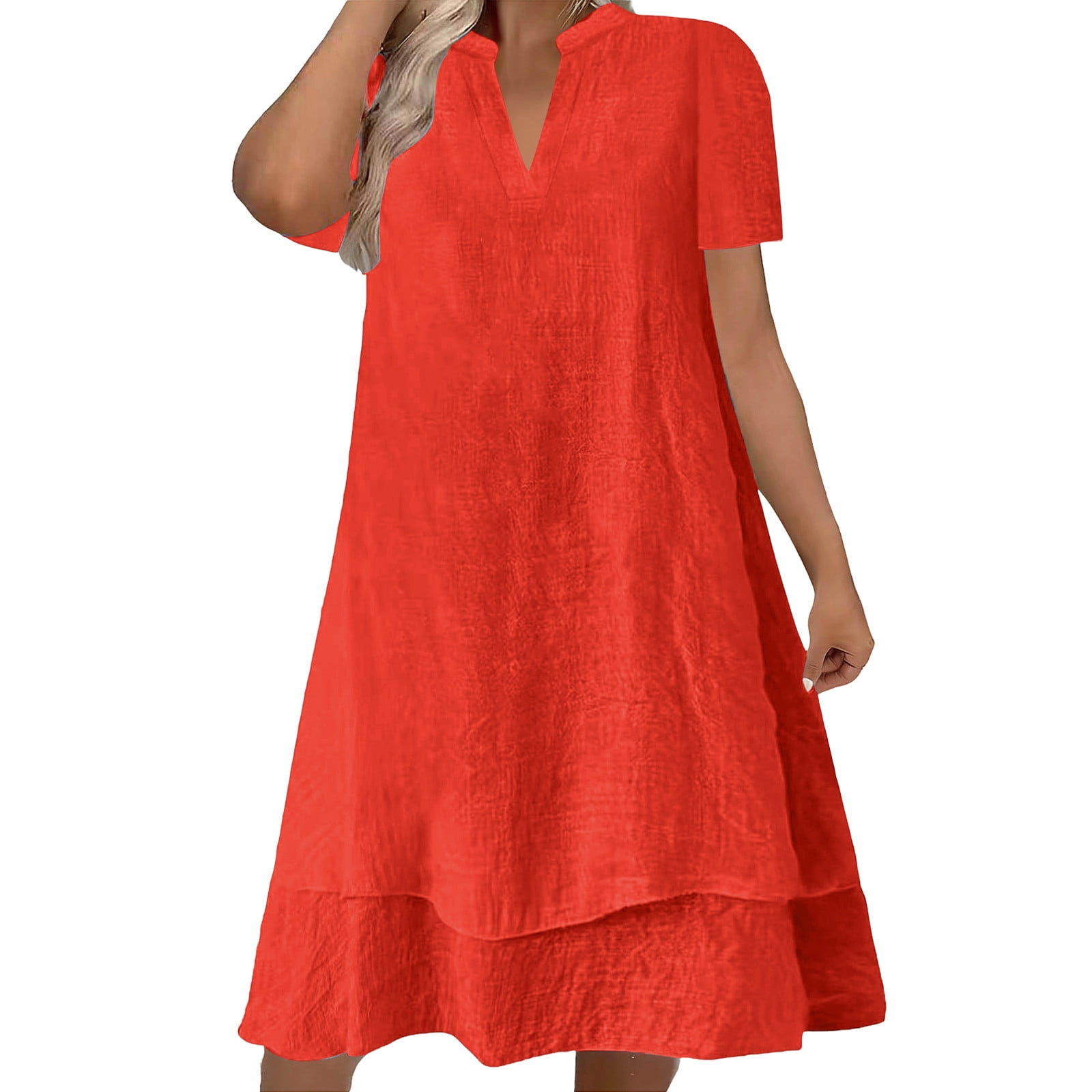 Ahabrexf Short Sleeve Midi Dress for Women V-Neck A-Line Mid-Waist ...
