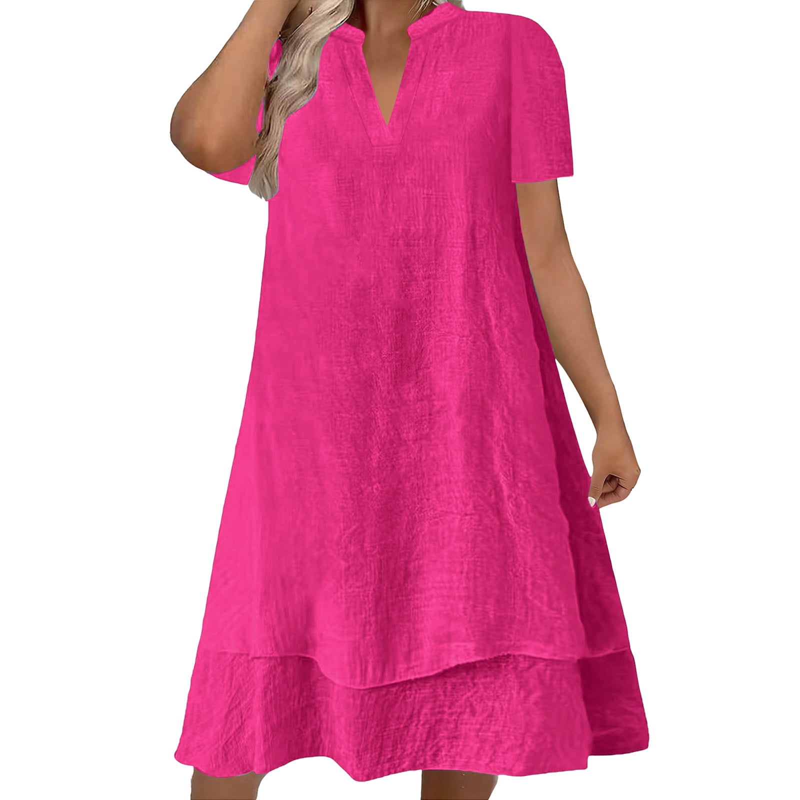 Ahabrexf Short Sleeve Midi Dress for Women V-Neck A-Line Mid-Waist ...