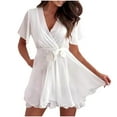 Ahabrexf Short Sleeve Mini Dress for Women V-Neck Lace-up Waist Chiffon ...
