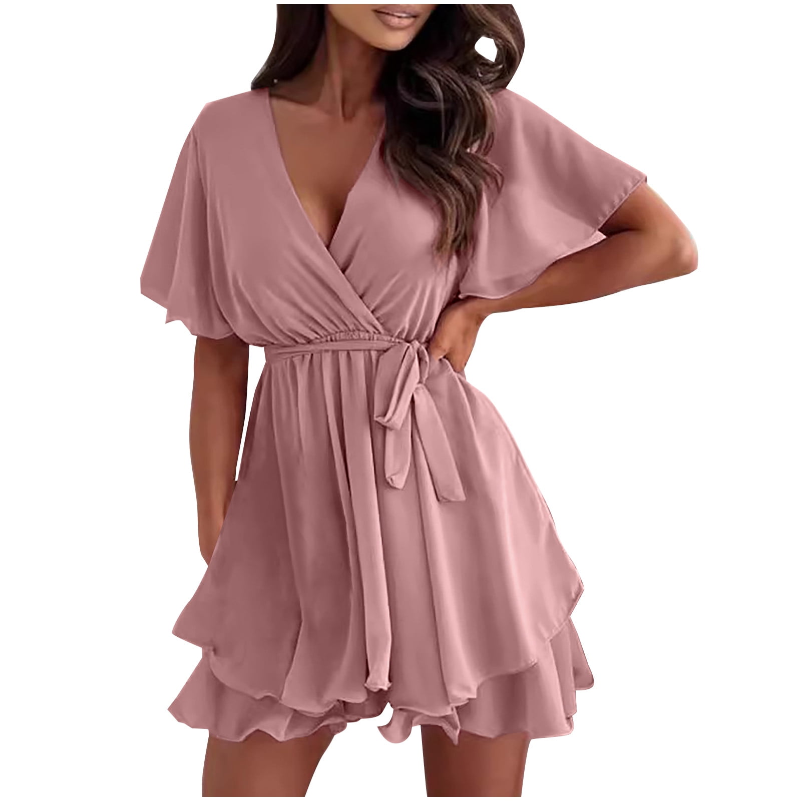 Ahabrexf Short Sleeve Mini Dress for Women V-Neck Lace-up Waist Chiffon ...