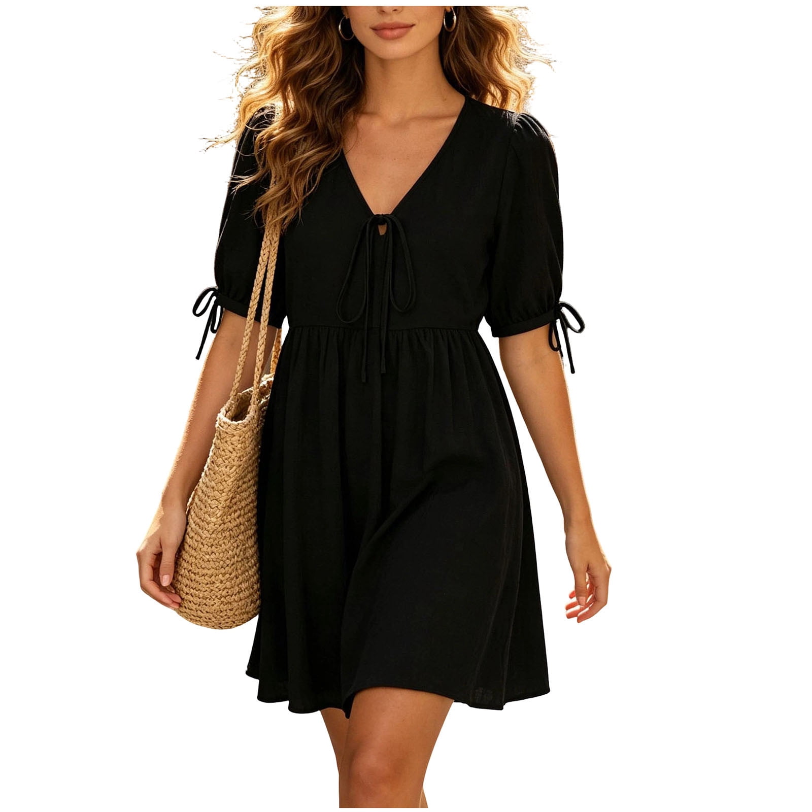 Ahabrexf Short Sleeve Mini Dress for Women V-Neck Tie Belt A-Line Solid ...