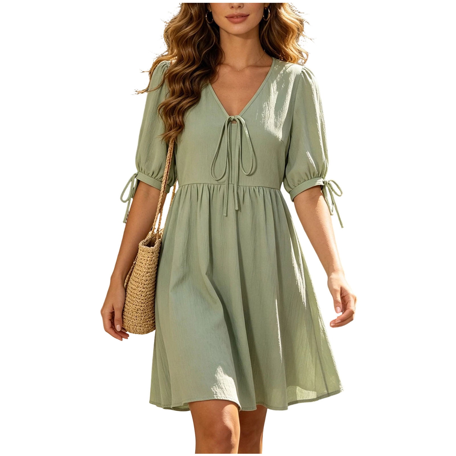Ahabrexf Short Sleeve Mini Dress for Women V-Neck Tie Belt A-Line Solid ...