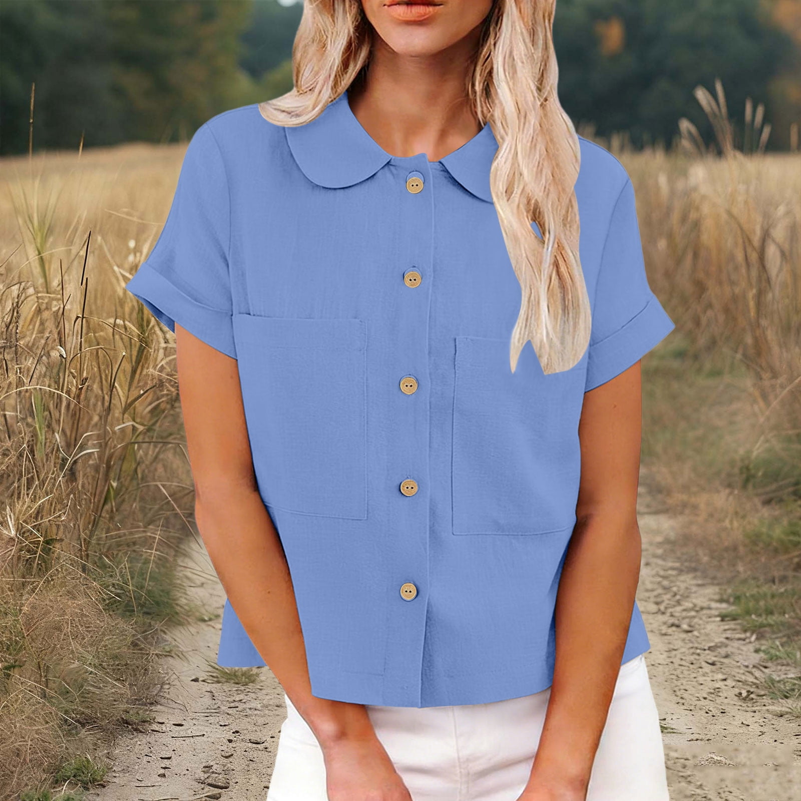 Ahabrexf Short Sleeve Shirts for Women, Casual Blouse with Double ...
