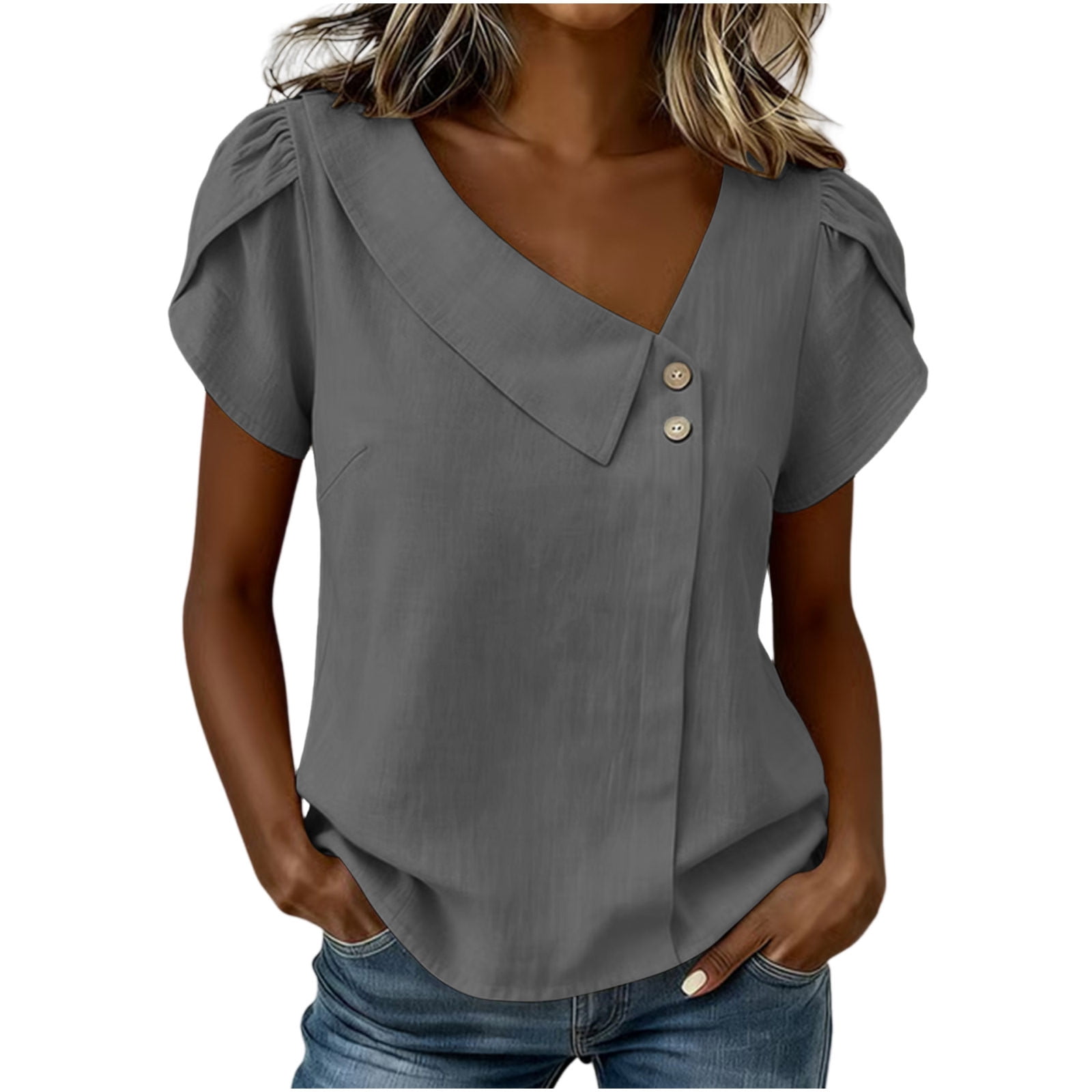 Ahabrexf Short Sleeve Summer Shirts for Women Imitation Round Neck ...
