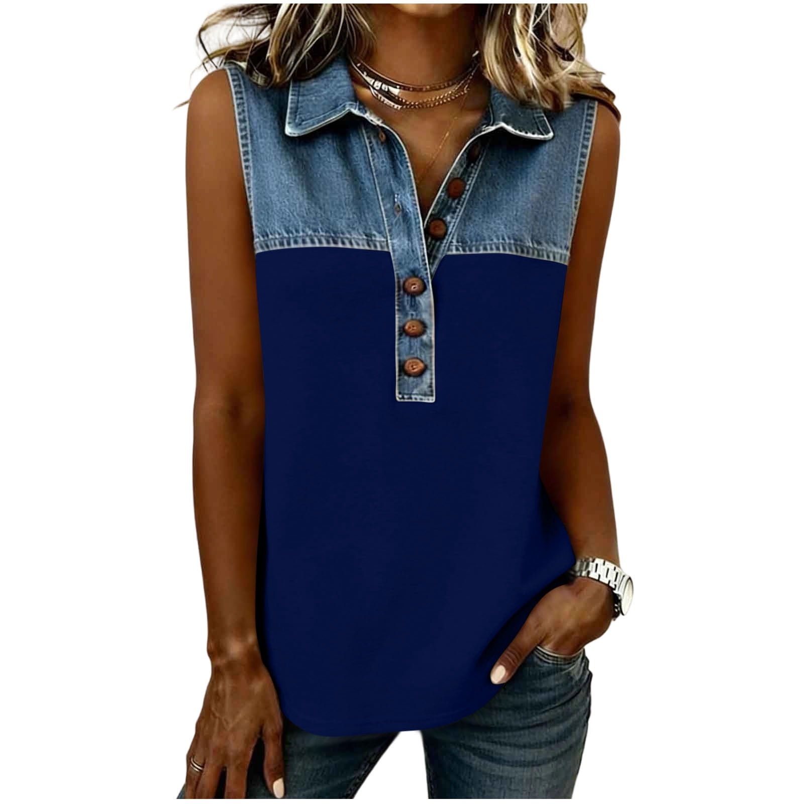 Ahabrexf Sleeveless Button Down Shirts for Women Summer Spliced Print ...