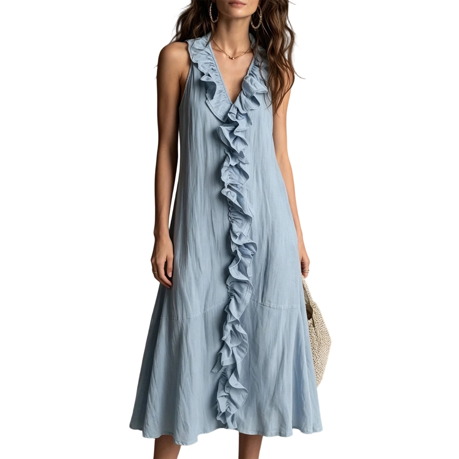 Ahabrexf Slip Dress Women's Casual Sleeveless V Neck Ruffled A-Line ...