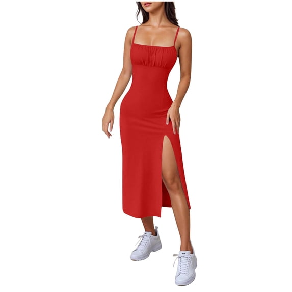 Ahabrexf Slip Dress for Women High Slit Ruched Bodice Solid Color ...