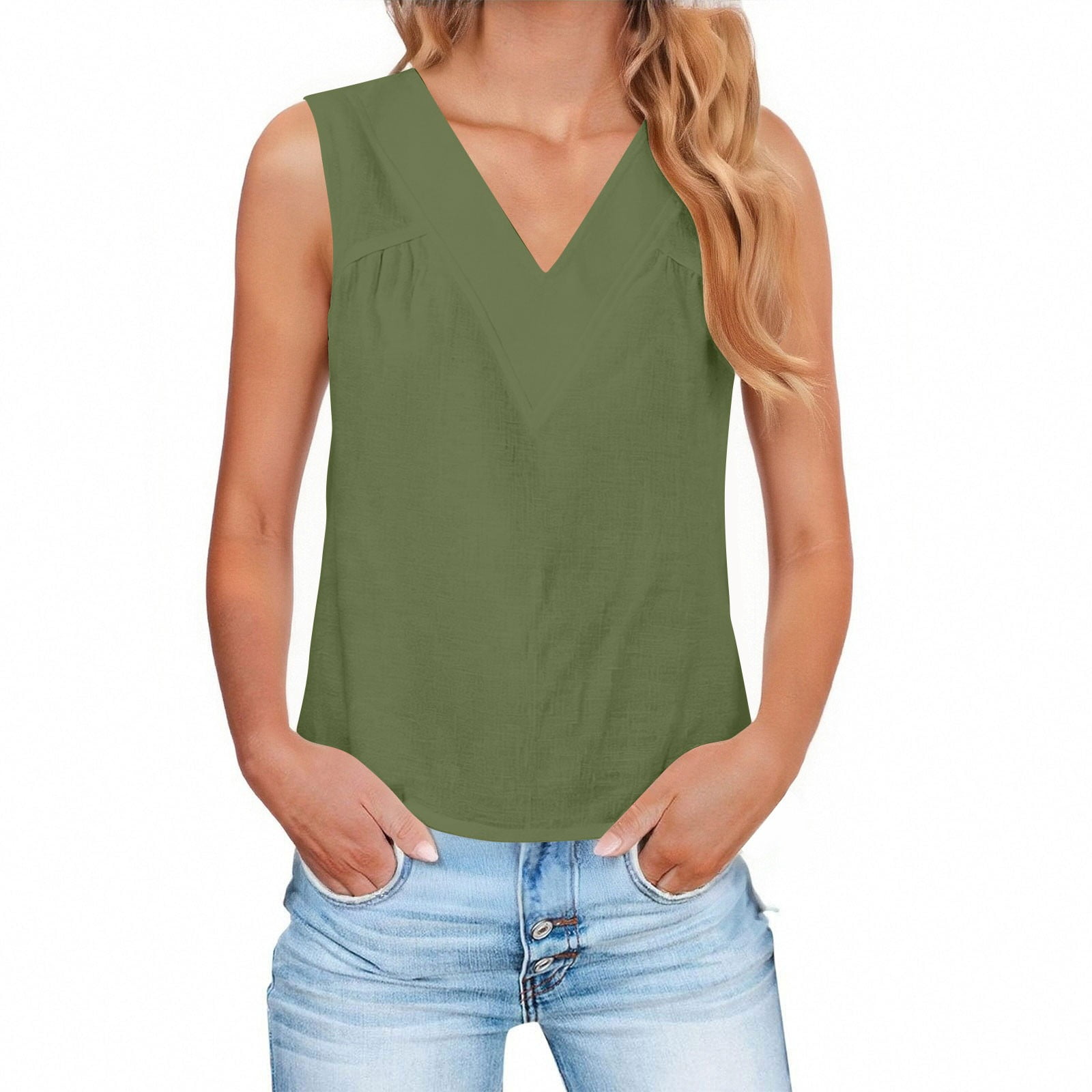 Ahabrexf Solid Color Tops for Women, Sleeveless V-Neck Pleated Pullover ...