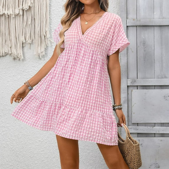 Ahabrexf Summer Dress for Women,V Neck Short Sleeve Mini Casual Dress ...