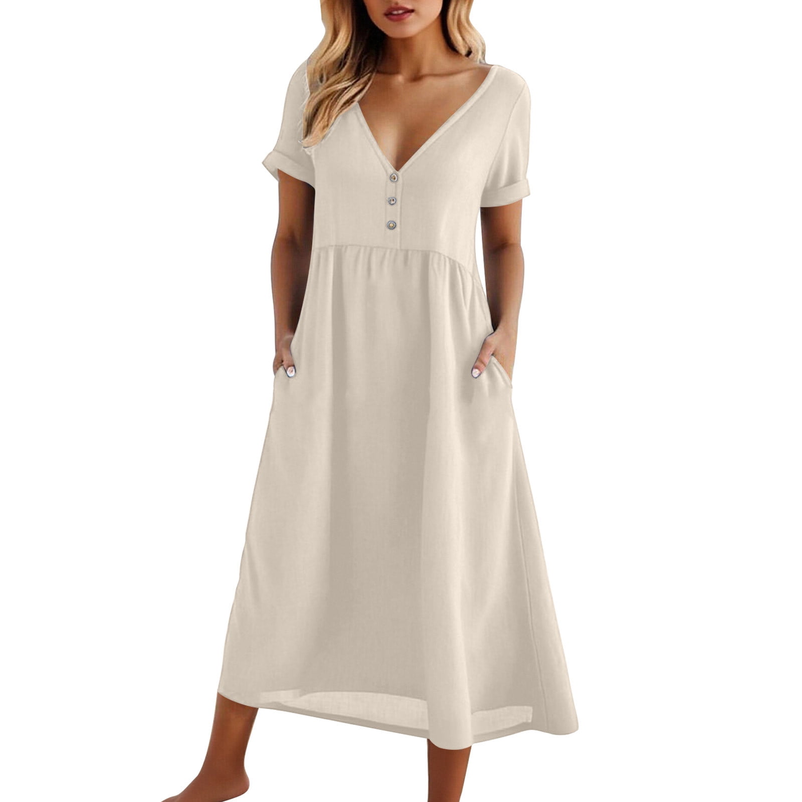 Ahabrexf Summer Dress for Women V-Neck Short Sleeve Pocket Solid Color ...