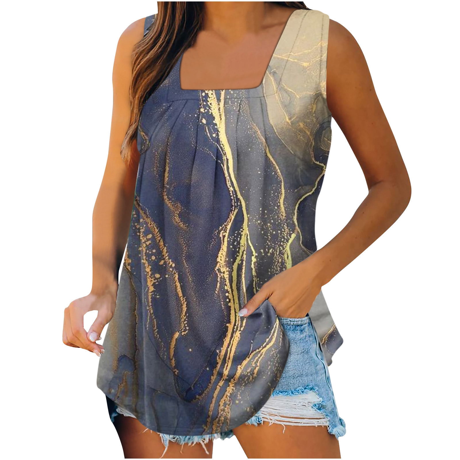 Ahabrexf Summer Tank Tops For Women Loose Fit Pleated Square Neck