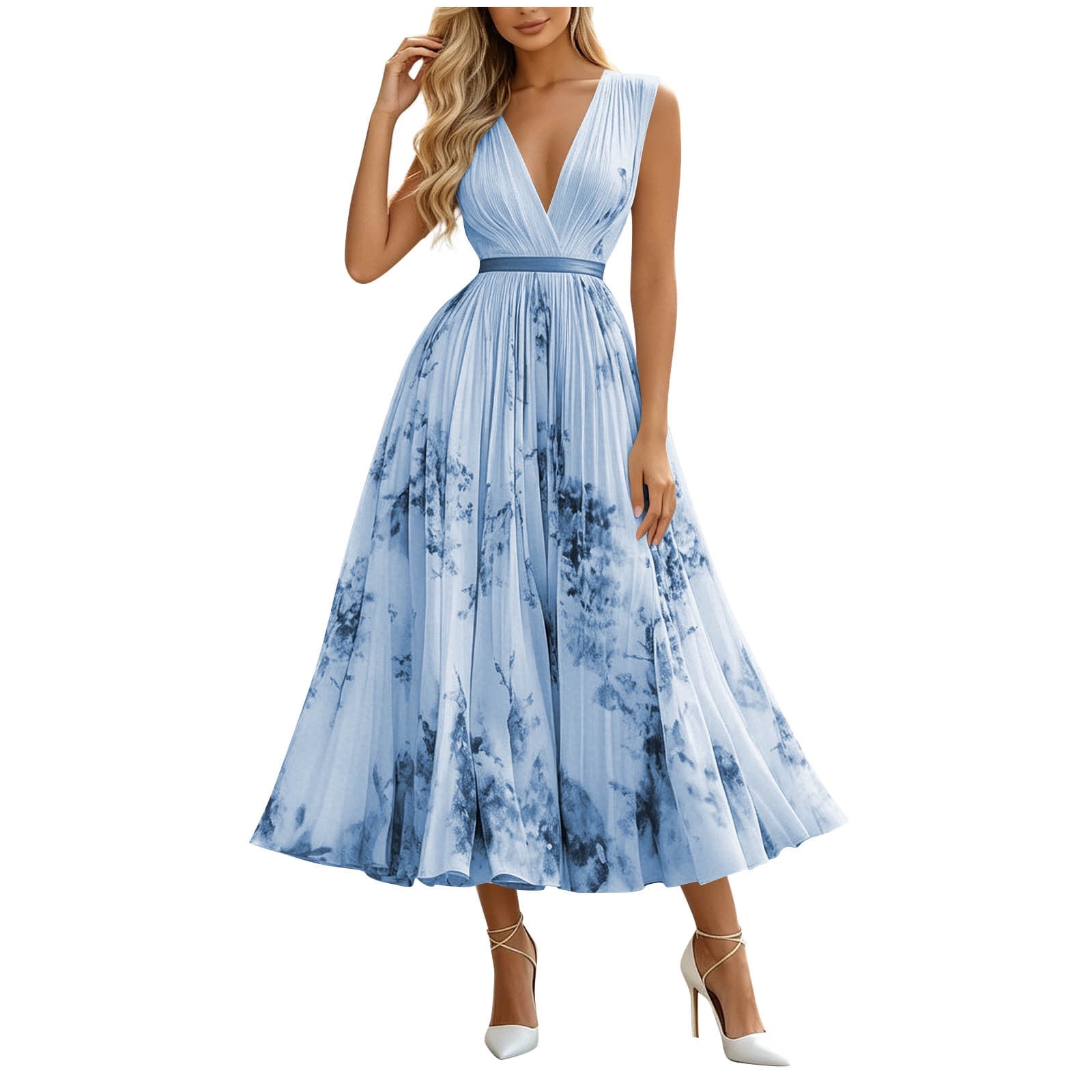 Ahabrexf Sundress Sleeveless V-Neck Belted Pleated Printed Elegant ...