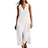 Ahabrexf Sundress V-Neck Solid Color Casual Sleeveless Pocket Maxi ...