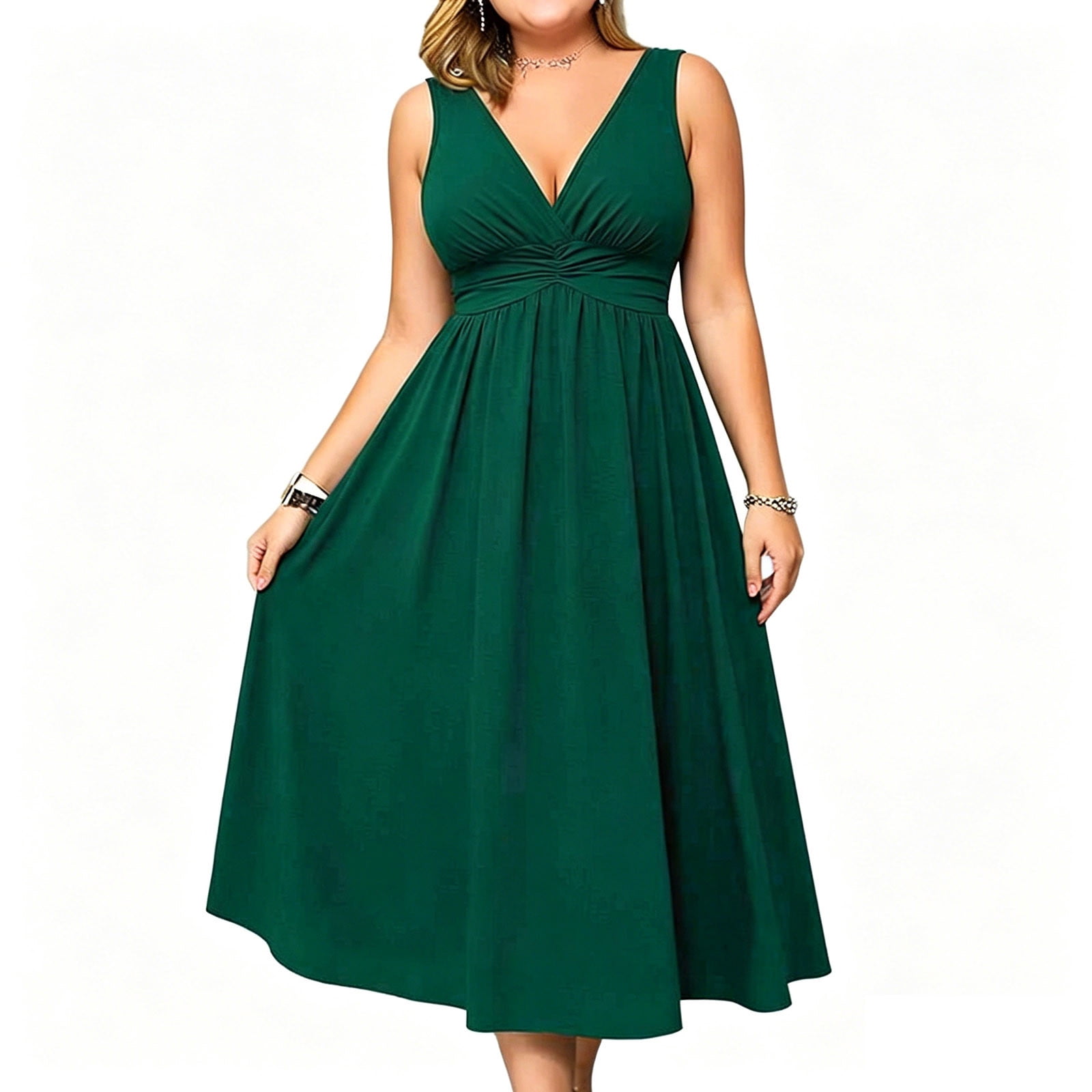 Ahabrexf Sundress for Women V-Neck Sleeveless Solid Elastic Waist Midi ...