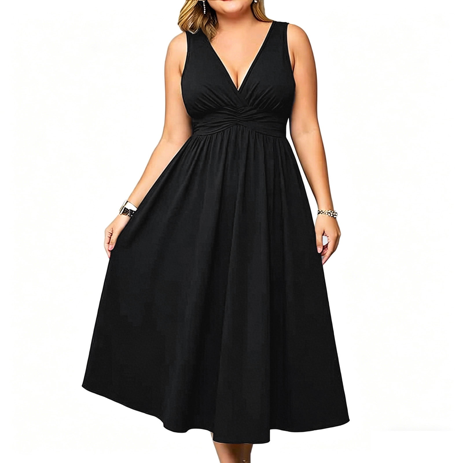 Ahabrexf Sundress for Women V-Neck Sleeveless Solid Elastic Waist Midi ...